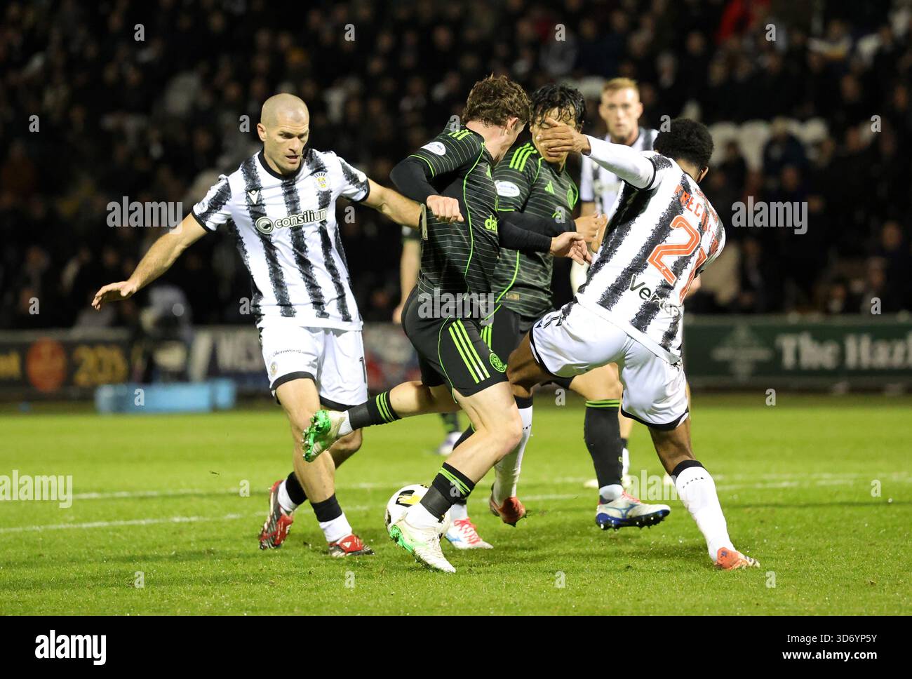 St Mirren's Alex Gogic, Celtic's Luke McCowan and St Mirren's Miguel Freckleton battle for the ...