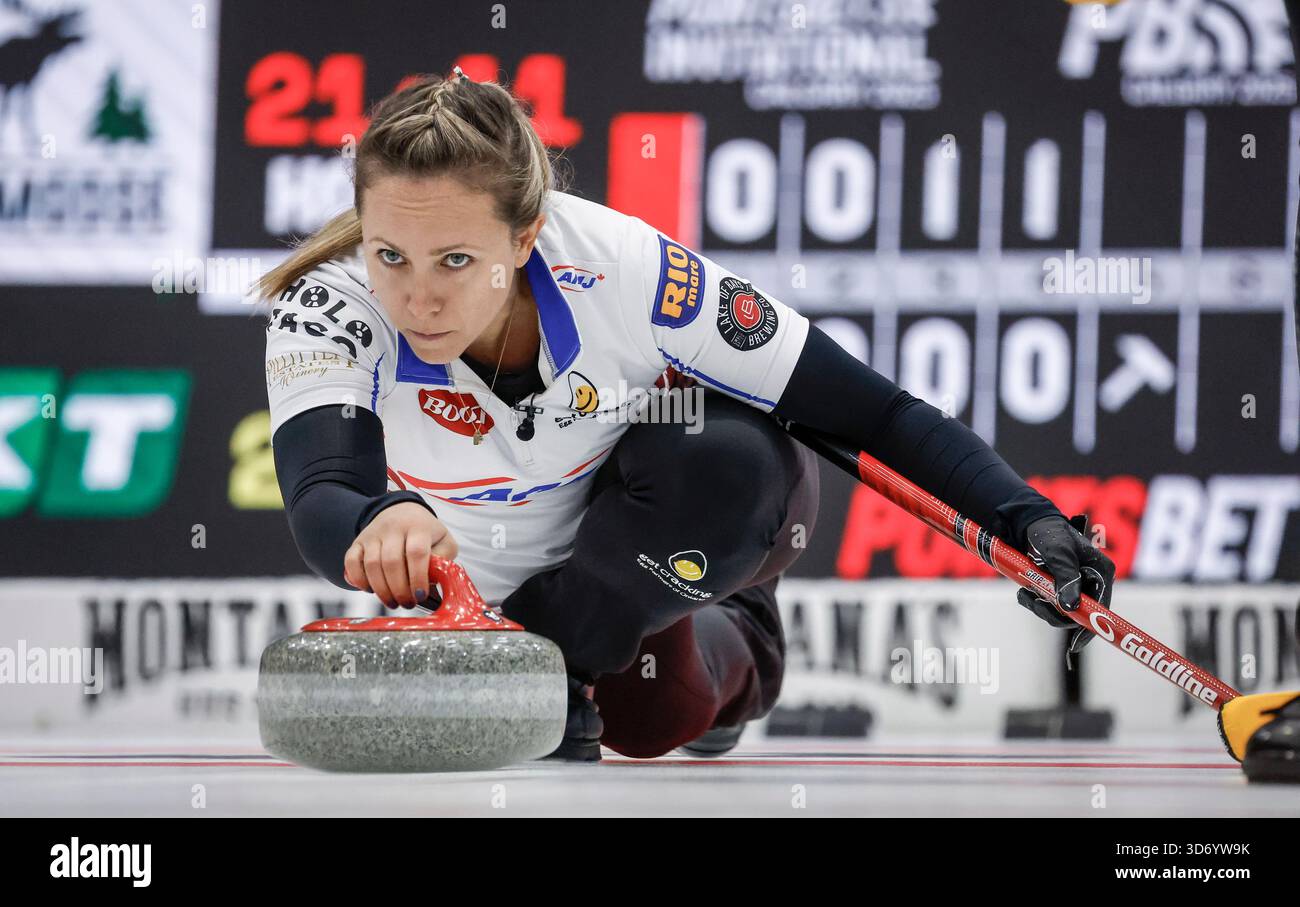 Team Homan skip Rachel Homan makes a shot against Team Brown during the ...