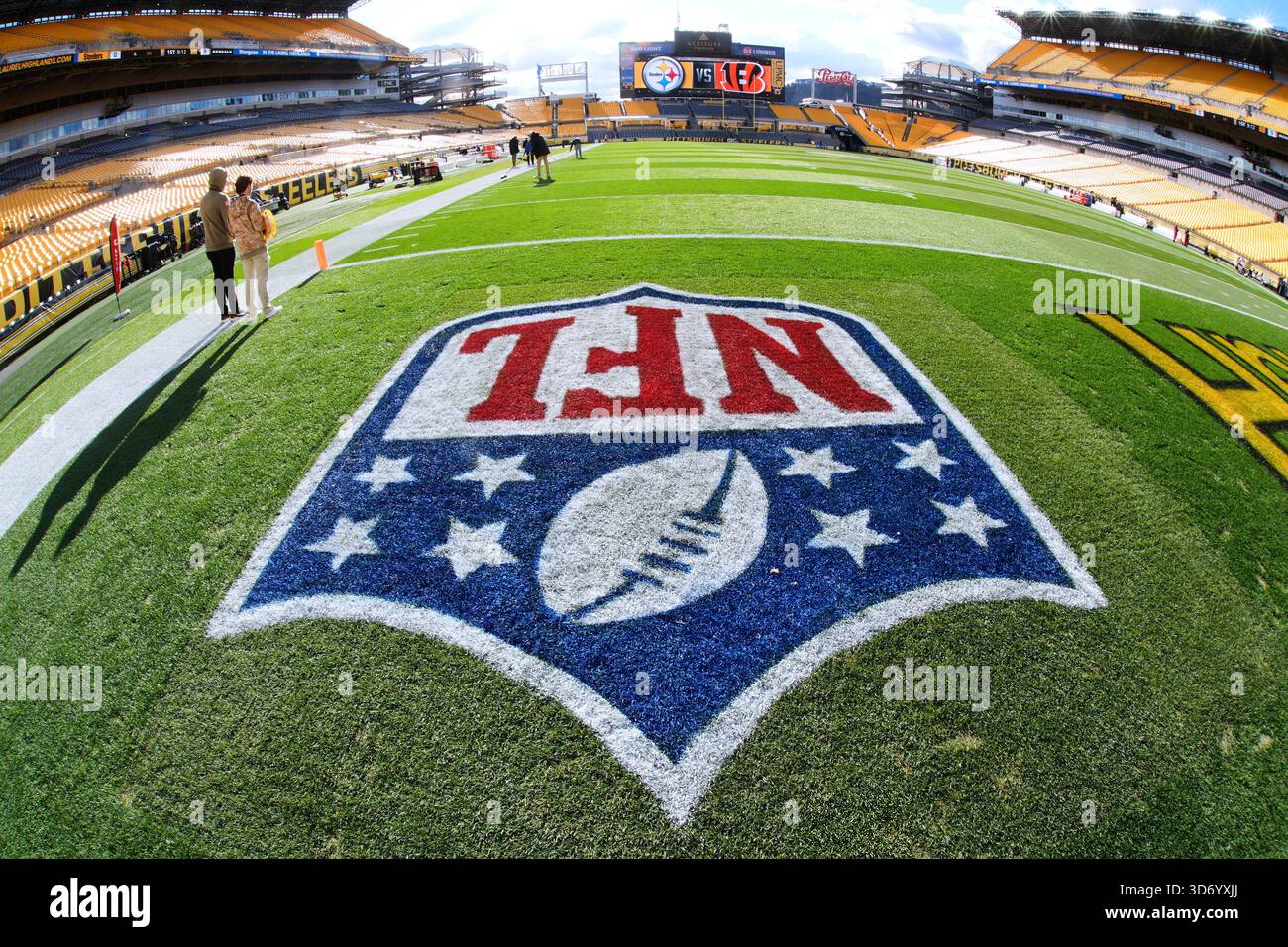 This is the NFL logo painted in the end zone of Acrisure Stadium before ...