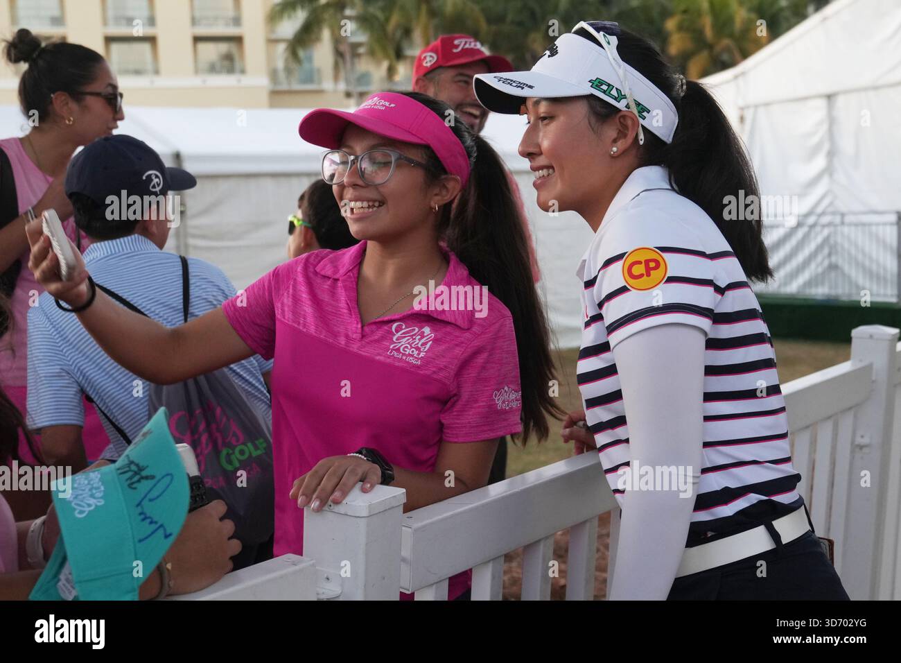 Jeeno Thitikul of Thailand takes a selfie with a fan at the end of the third round of the LPGA ...