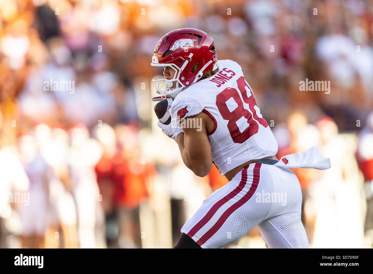 Arkansas tight end Rohan Jones (88) pulls in a reception for a first ...
