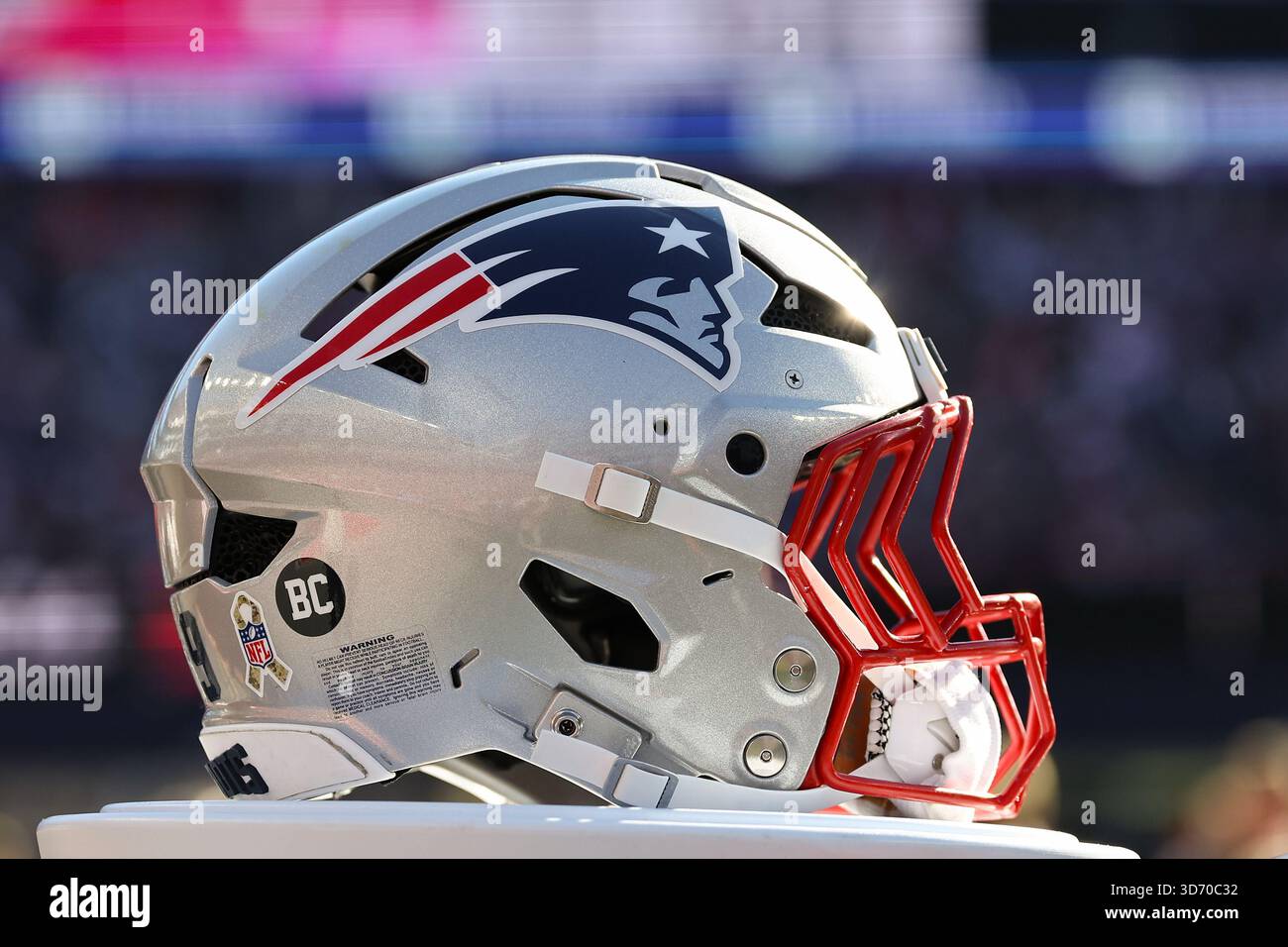 The New England Patriots logo is seen during an NFL football game ...