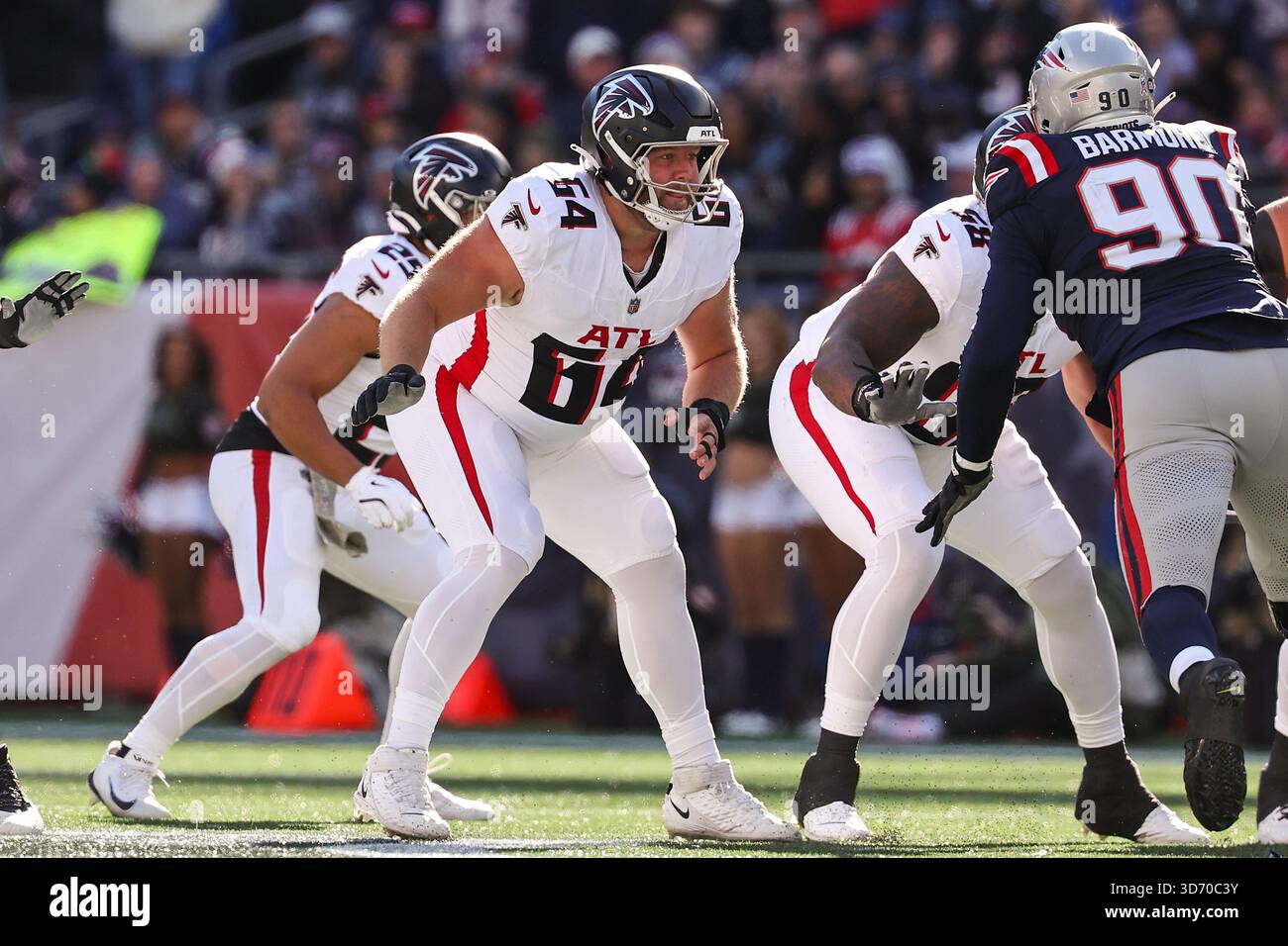 Atlanta Falcons guard Ryan Neuzil looks to block against the New ...