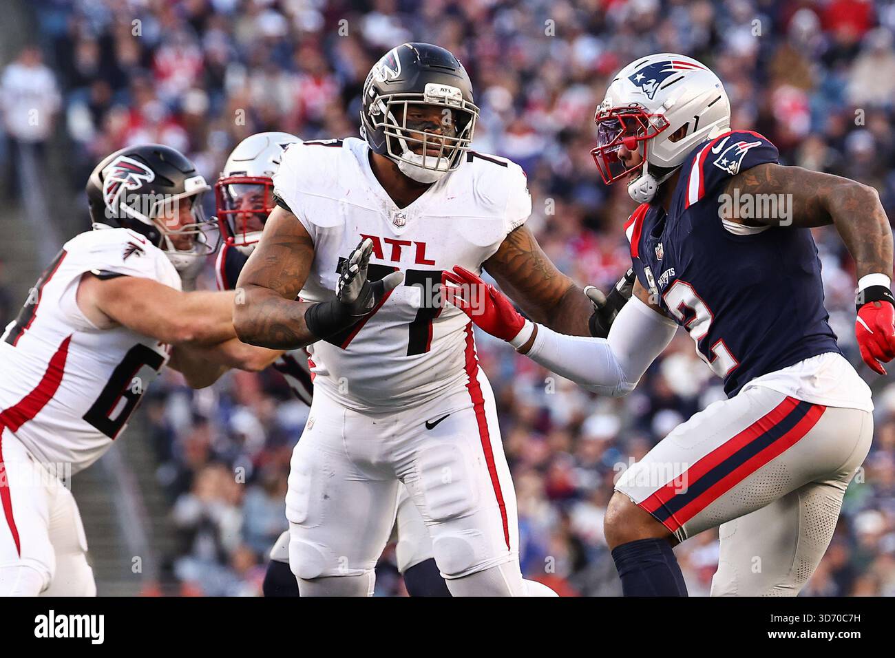Atlanta Falcons offensive tackle Elijah Wilkinson blocks against the ...