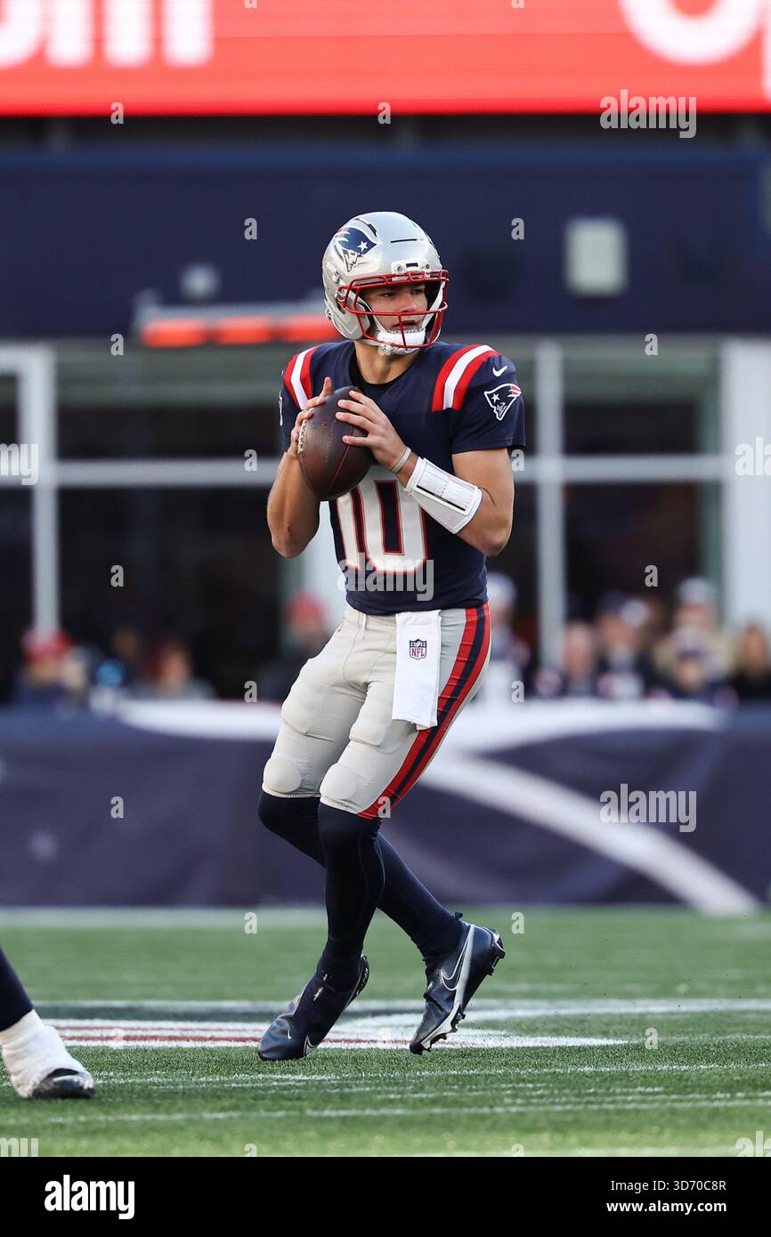 New England Patriots quarterback Drake Maye drops back to pass against ...