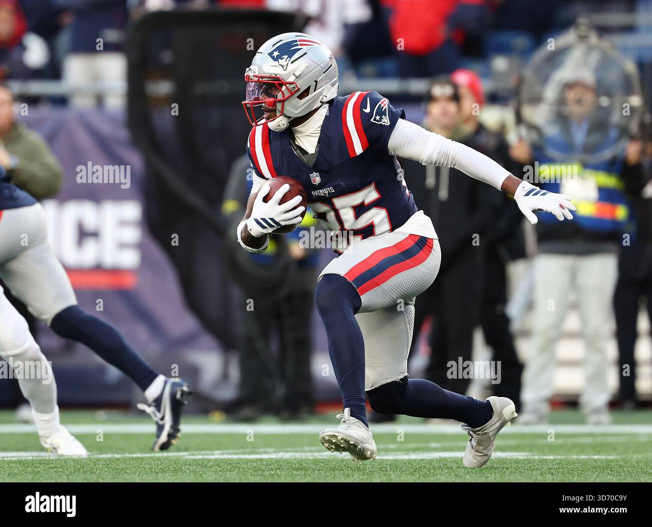 New England Patriots' Marcus Jones runs against the Atlanta Falcons ...