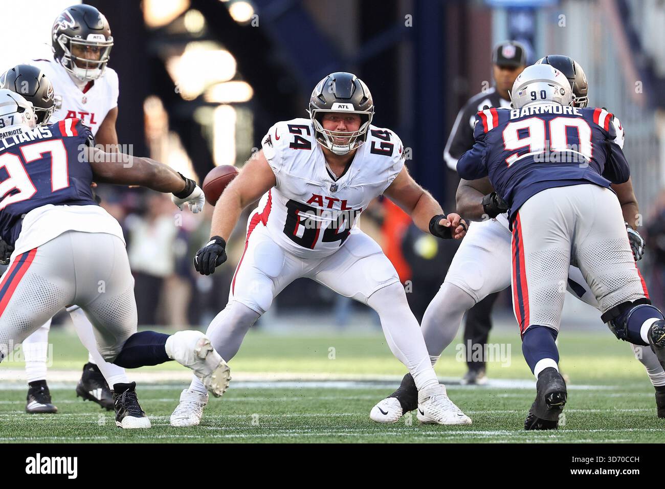 Atlanta Falcons guard Ryan Neuzil looks to block against the New ...