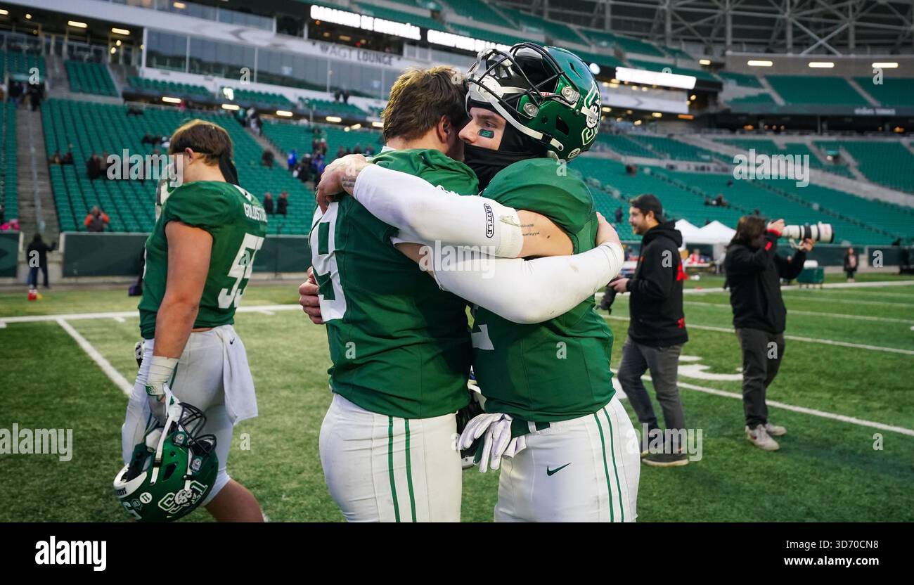 University of Saskatchewan Huskies linebacker Zach Zary (49) embraces ...