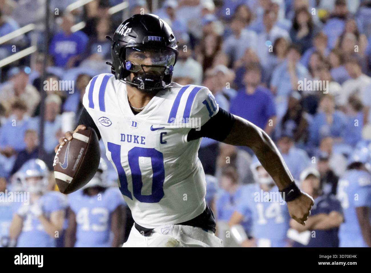 Duke quarterback Darian Mensah (10) rolls out during the second half of ...