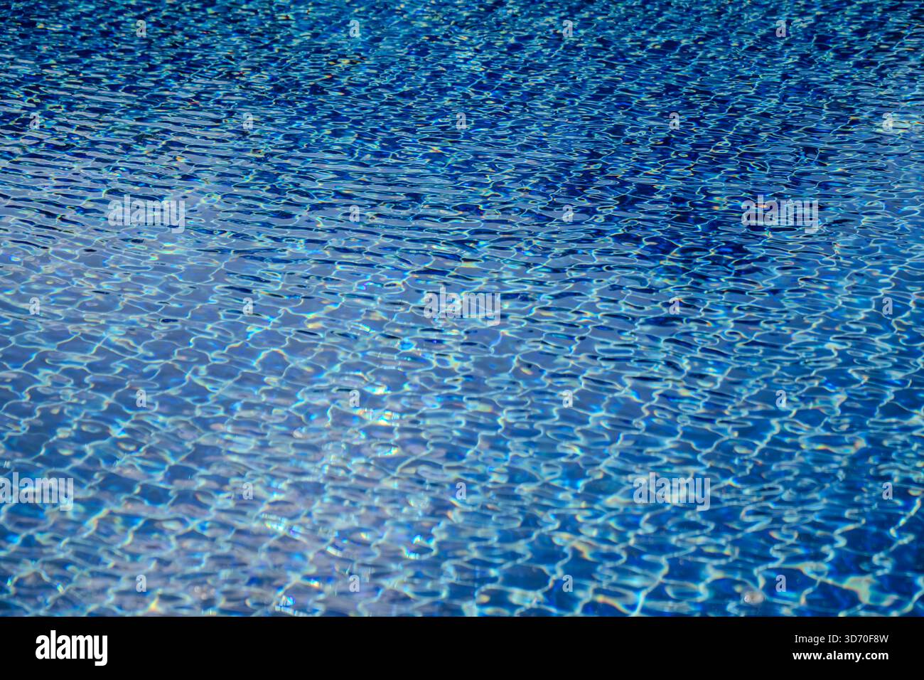 Rippled water reflects blue tiles under sunlight, forming a clear grid ...