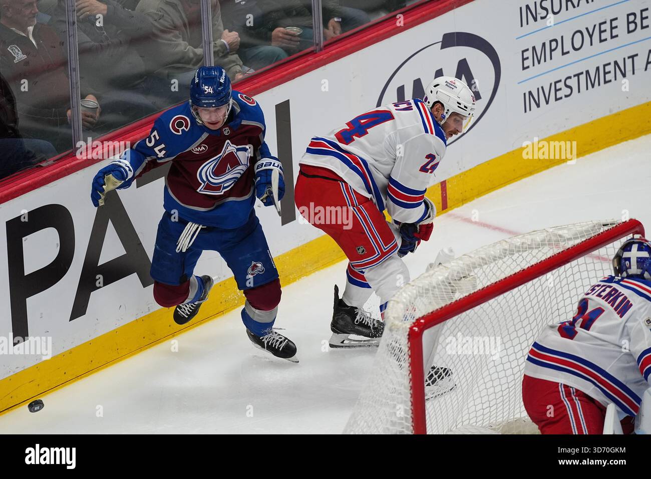 Colorado Avalanche center Gavin Brindley (54) and New York Rangers ...