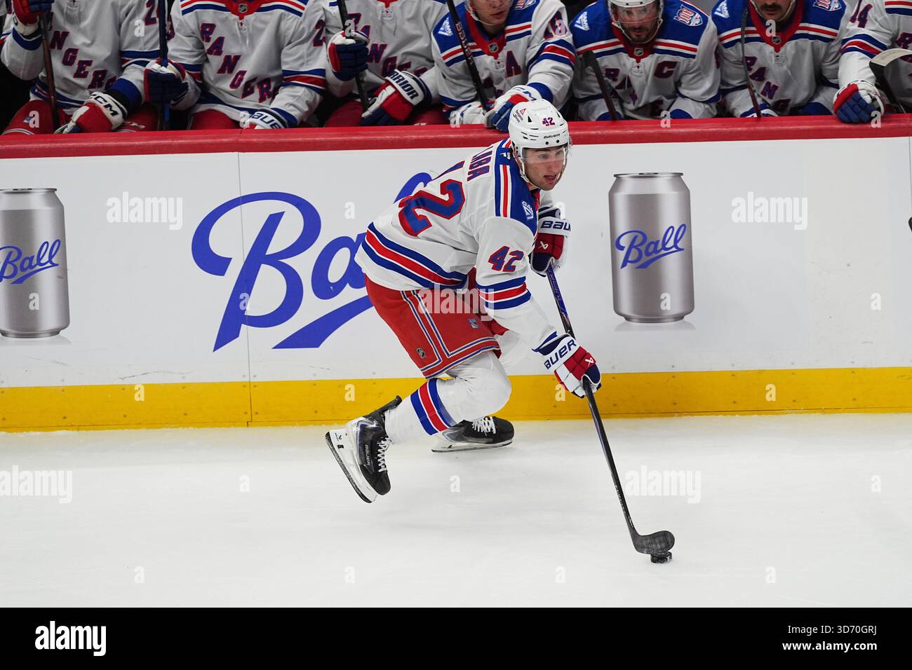 New York Rangers center Noah Laba (42) in the first period of an NHL ...