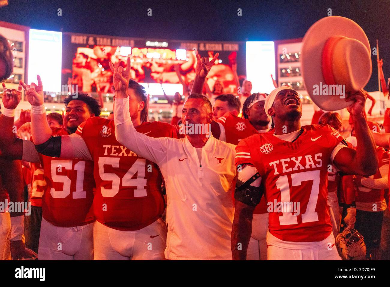 Texas head coach Steve Sarkisian celebrates a win against Arkansas with ...