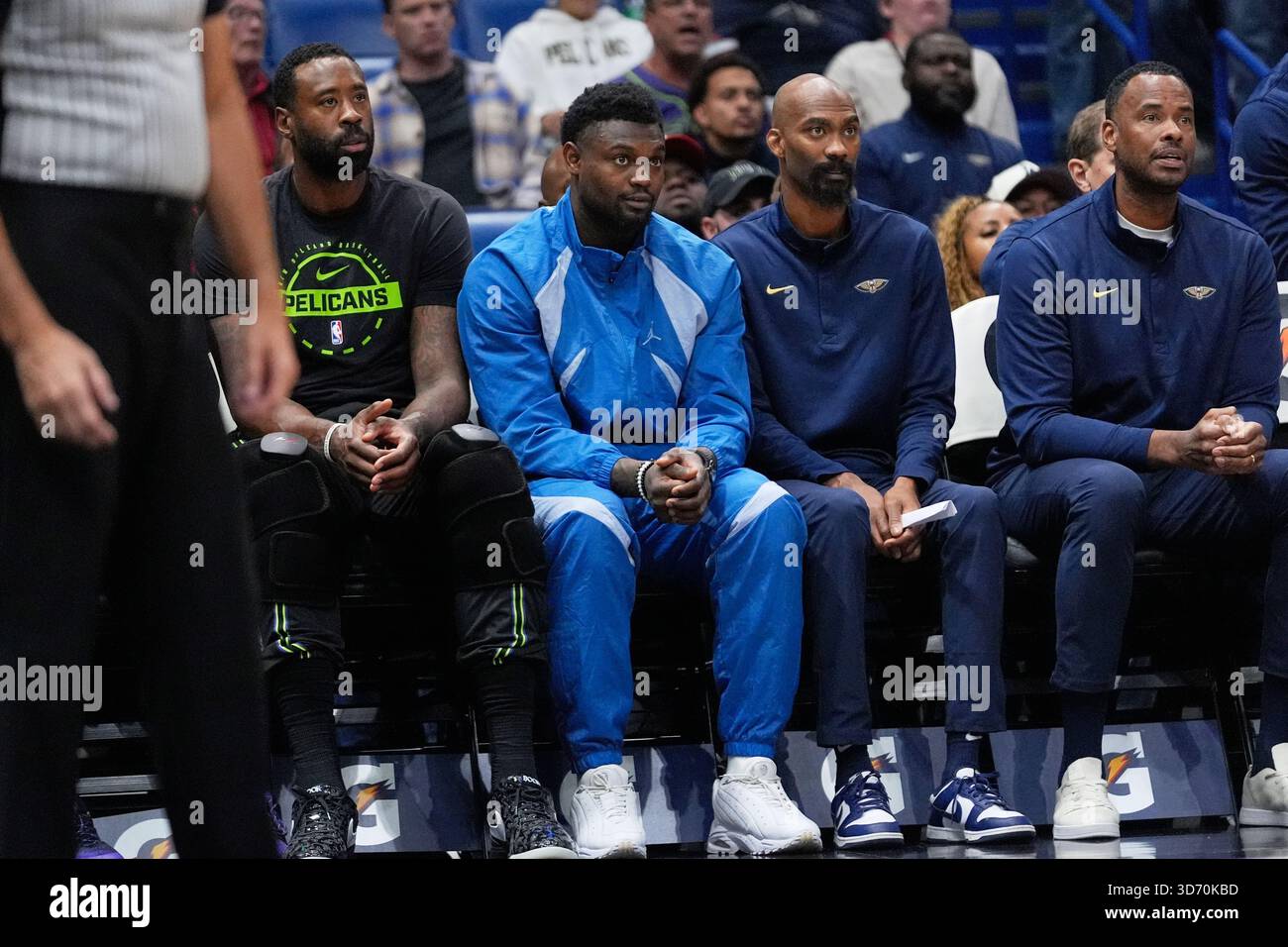 New Orleans Pelicans forward Zion Williamson (1) sits on the bench in ...