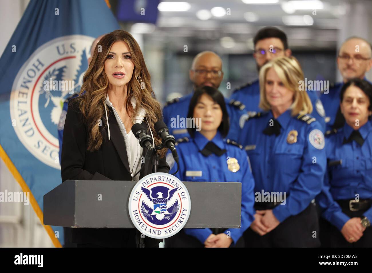 U.S. Homeland Security Secretary Kristi Noem speaks at a news ...