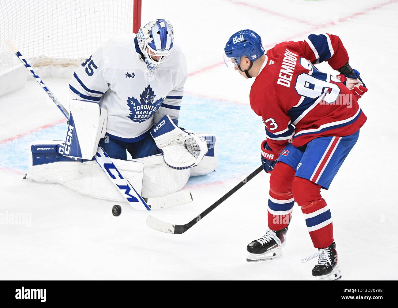 Montreal Canadiens' Ivan Demidov (93) tries to tip the puck past ...