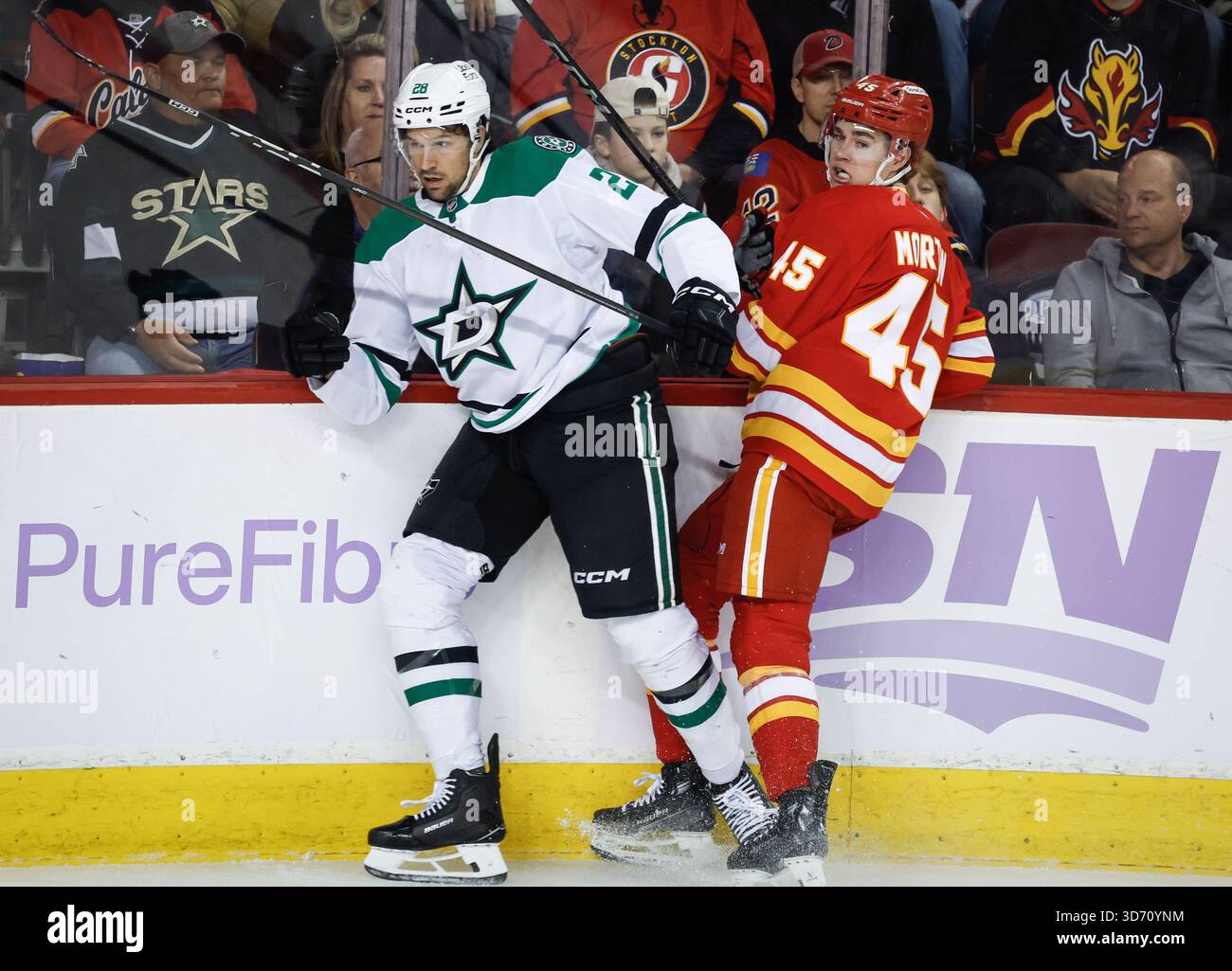 Dallas Stars' Alexander Petrovic, left, checks Calgary Flames' Sam ...