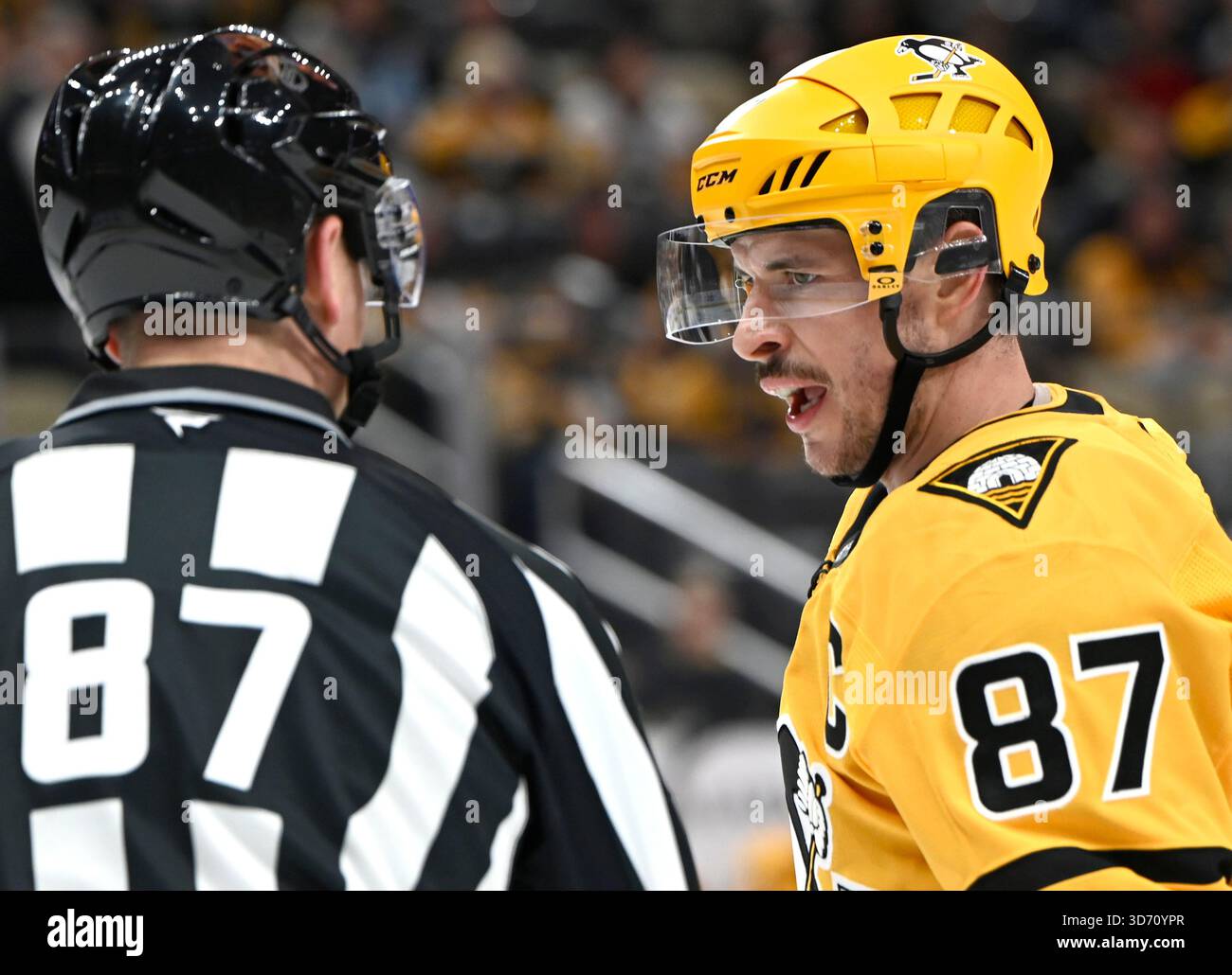 Linesperson Devin Berg listens to Pittsburgh Penguins center Sidney ...