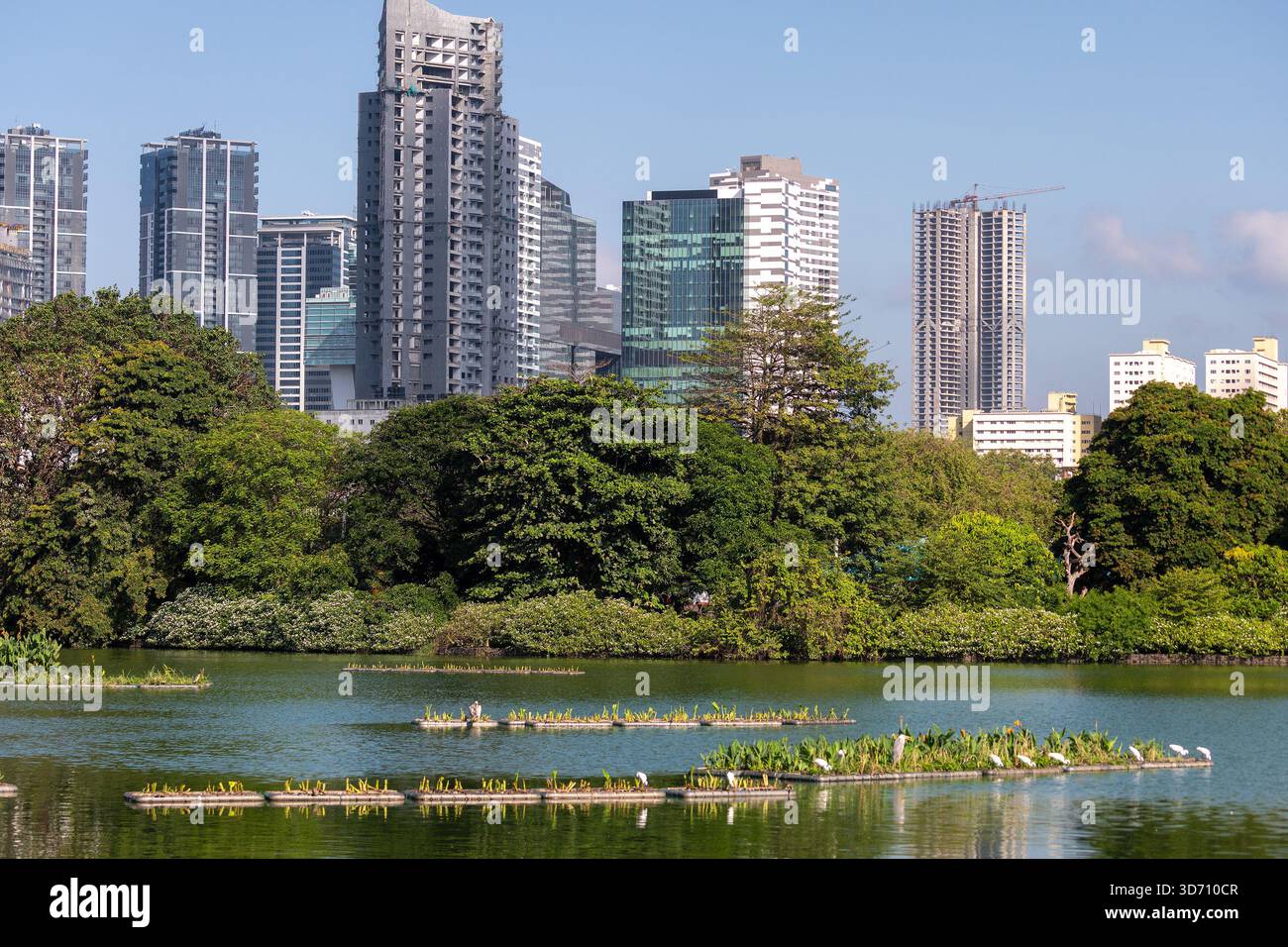 Modern Colombo skyline overlooking a lakeside with floating islands and ...