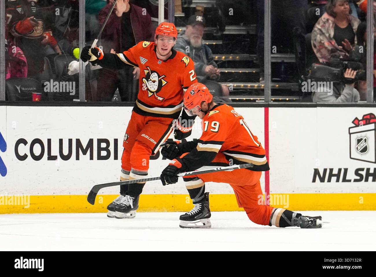 Anaheim Ducks right wing Troy Terry, right, celebrates his goal along ...