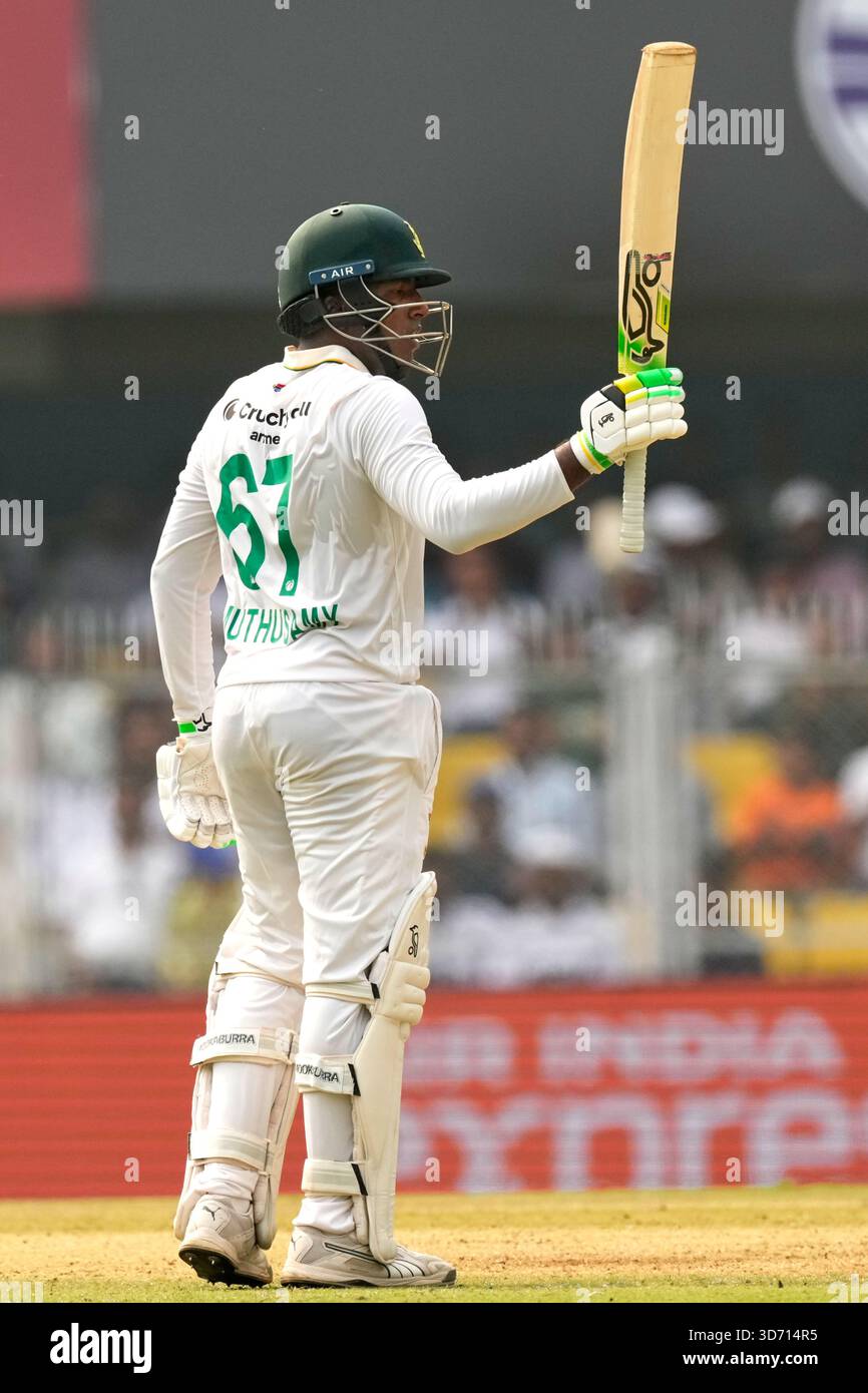 South Africa's Senuran Muthusamy celebrates after scoring fifty runs on ...