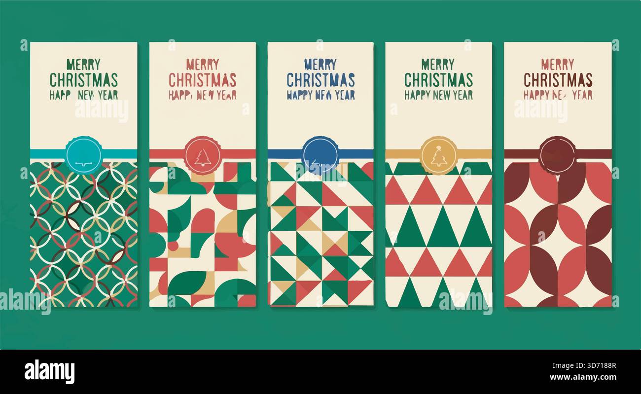 Retro Christmas card set with geometric patterns. Holiday season design ...