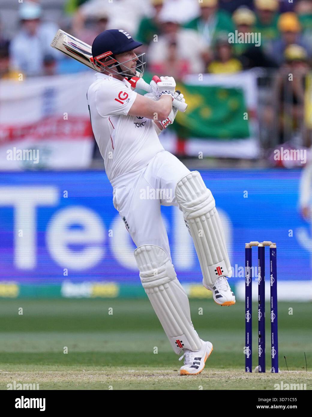 England’s Gus Atkinson bats on day two of the first test of the NRMA ...