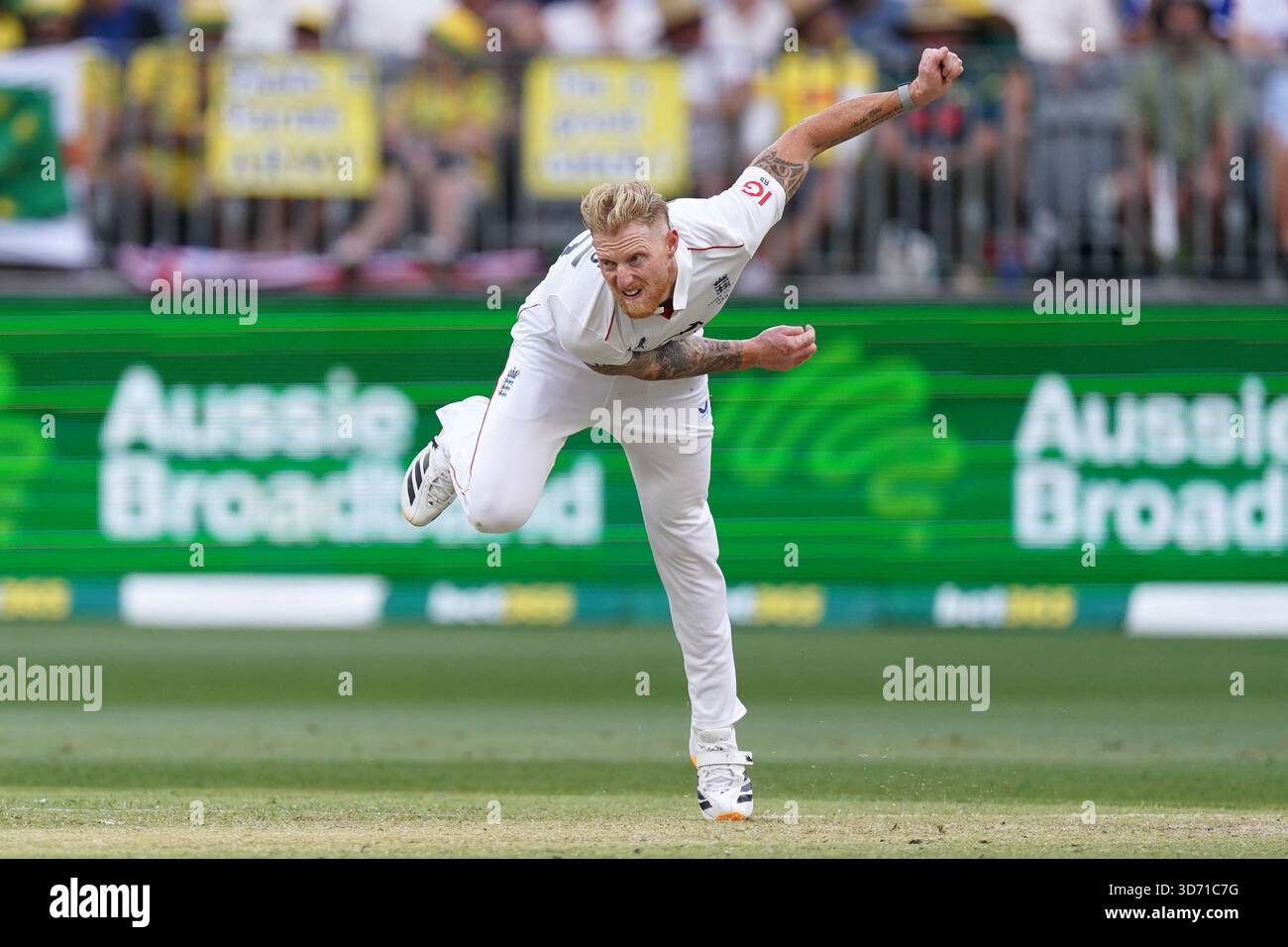 England’s Ben Stokes bowls on day two of the first test of the NRMA ...