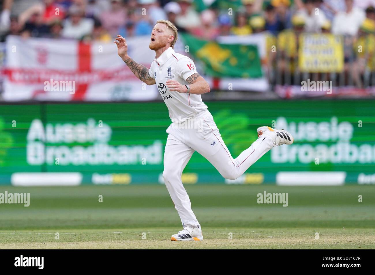 England’s Ben Stokes bowls on day two of the first test of the NRMA ...