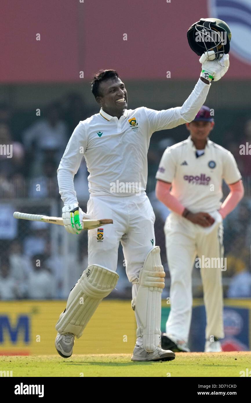 South Africa's Senuran Muthusamy celebrates after scoring a century on ...