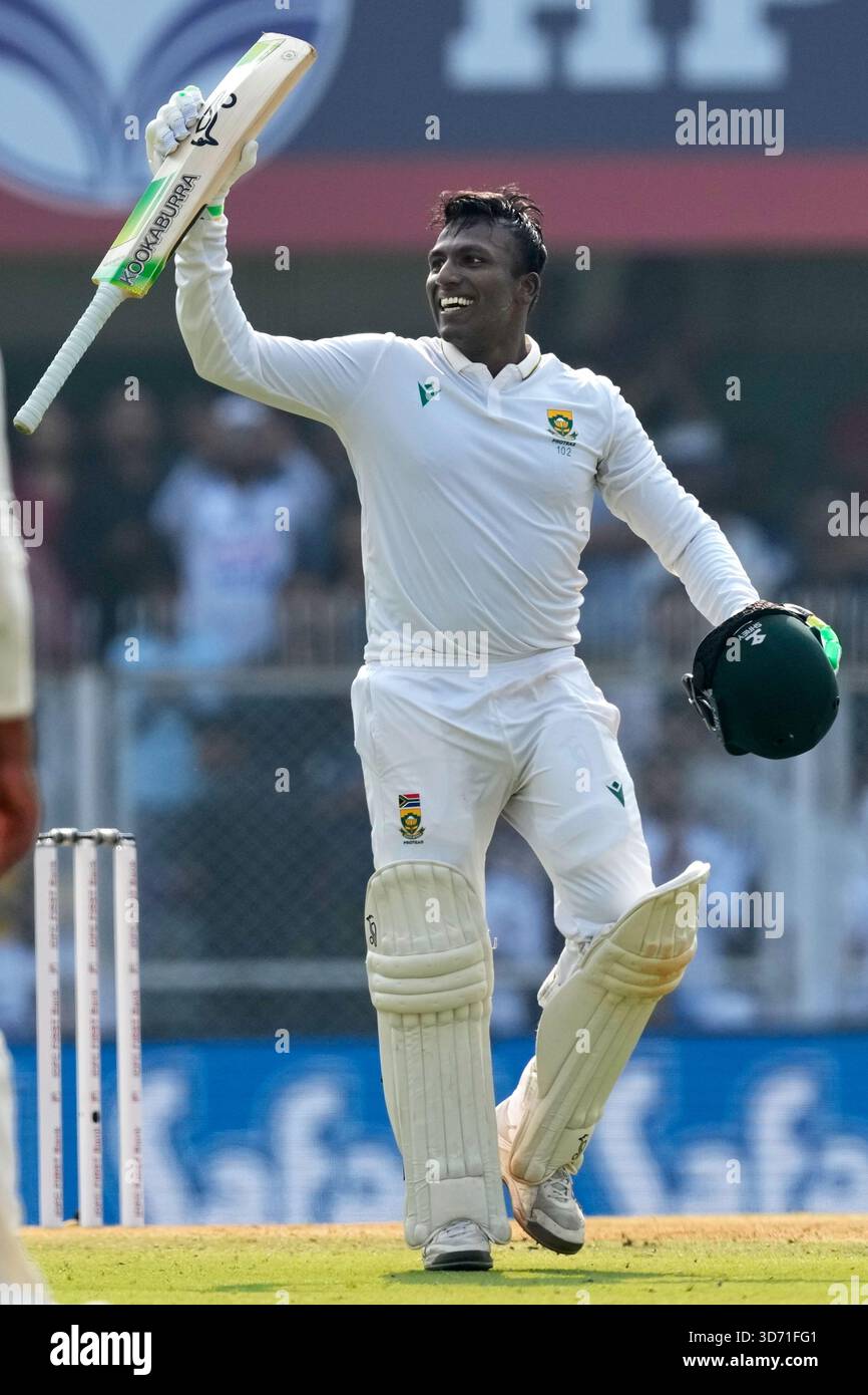 South Africa's Senuran Muthusamy celebrates after scoring a century on ...