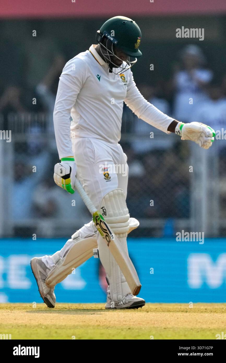 South Africa's Senuran Muthusamy walks off the field after losing his ...