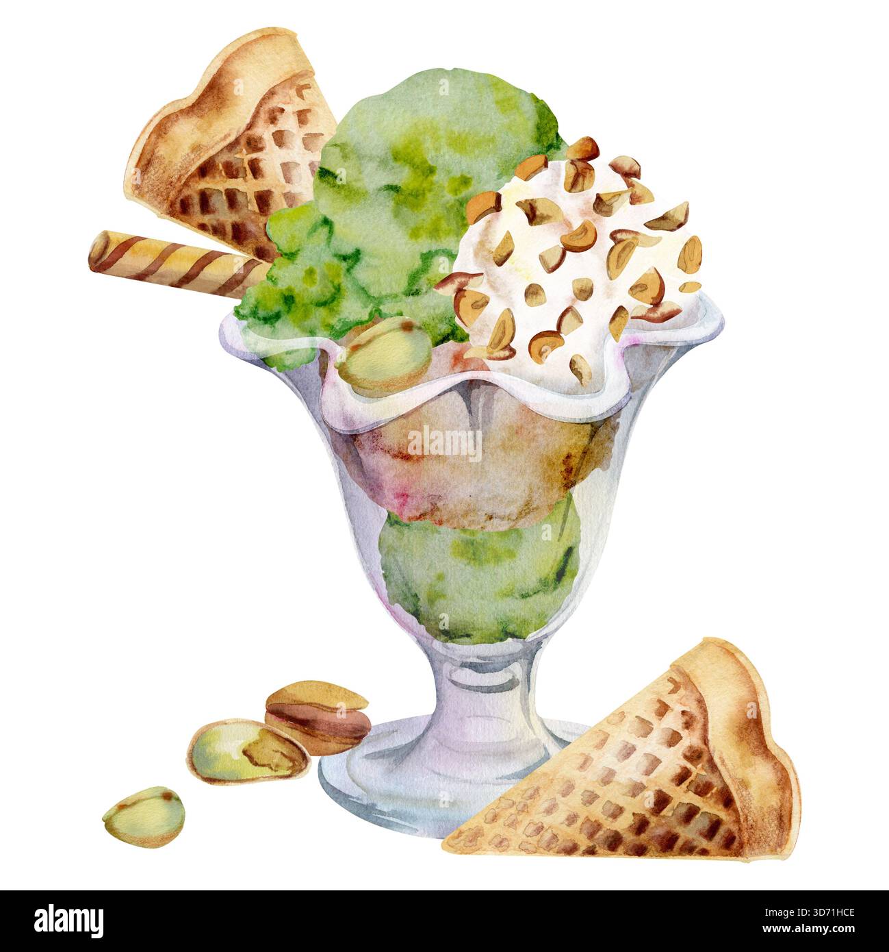 Pistachio gelato sundae. Crispy rolled biscuit sticks, waffles ...