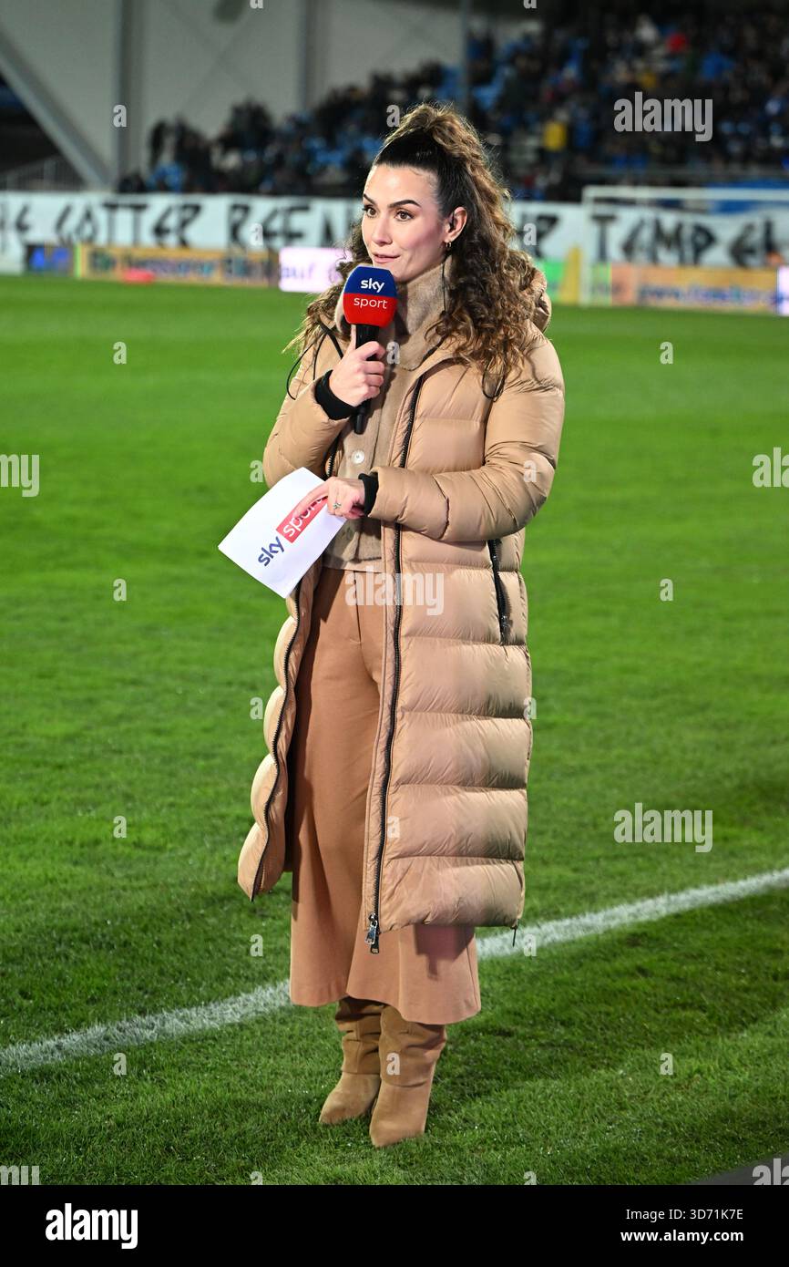 The image shows Sky Reporter Kimberly Budinsky, at the Bundesliga match ...