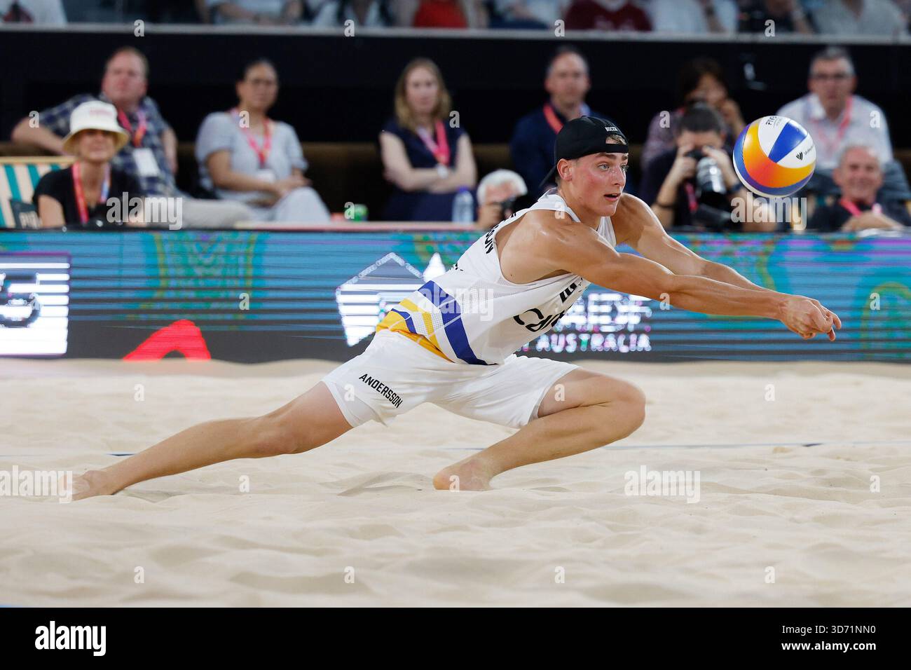 Sweden's Elmer Andersson challenges during the beach volleyball men's ...