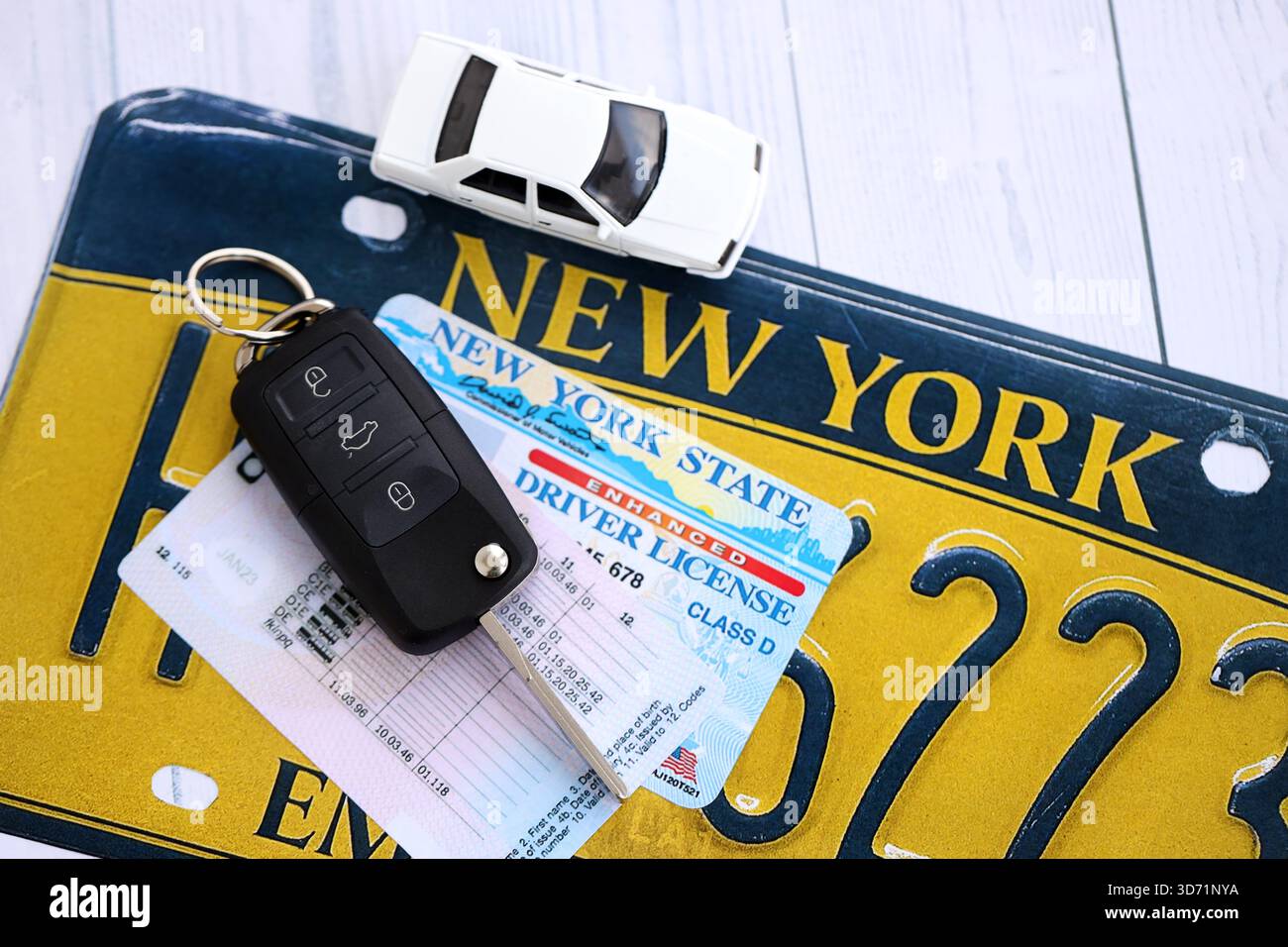 Remote control car keys on New York license plate with driver license ...