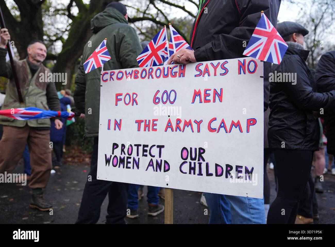 A sign during an anti-immigration protest near Crowborough Training ...