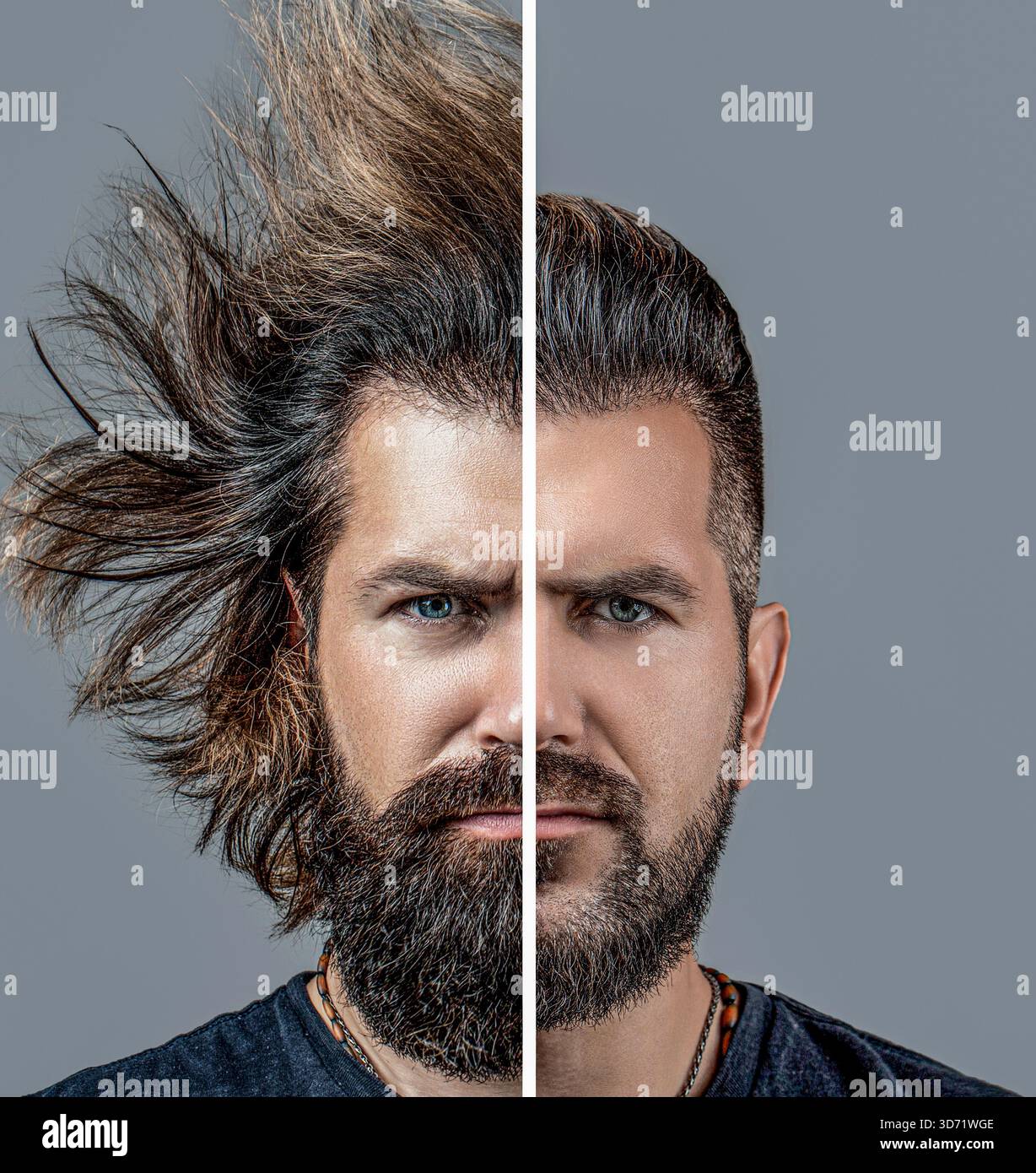 Long beard hair style hair, man before, after visiting barbershop ...