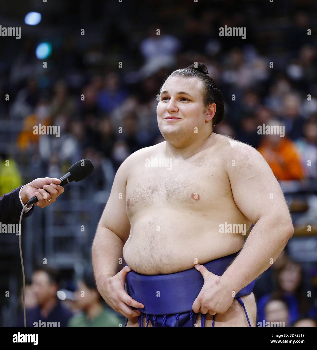 Ukrainian wrestler sekiwake Aonishiki is interviewed after winning the ...