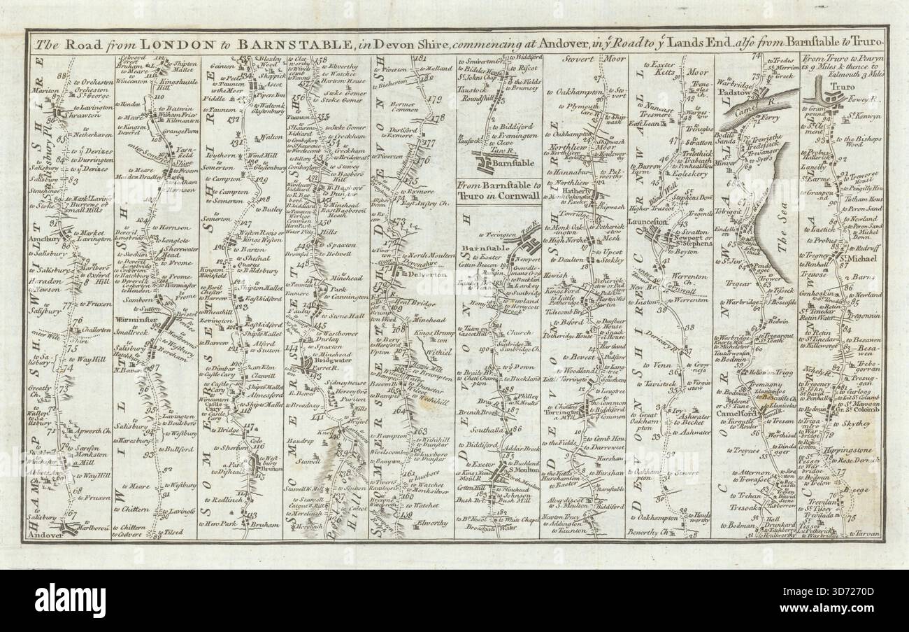 Andover-Bridgwater-Barnstaple-Padstow-Truro road strip map Gents Mag ...