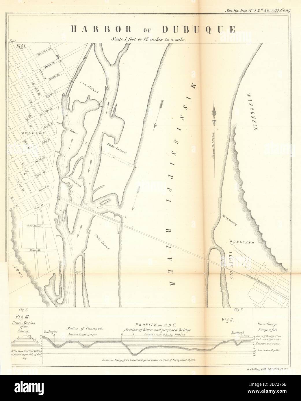 Harbor of Dubuque, Iowa. US Topographical Bureau 1854 old antique map ...