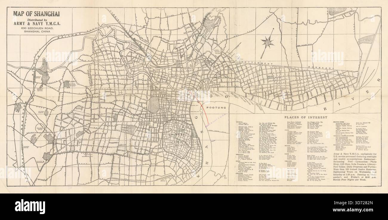 Map of Shanghai. Town/city plan by Army & Navy Y.M.C.A c1920 old ...