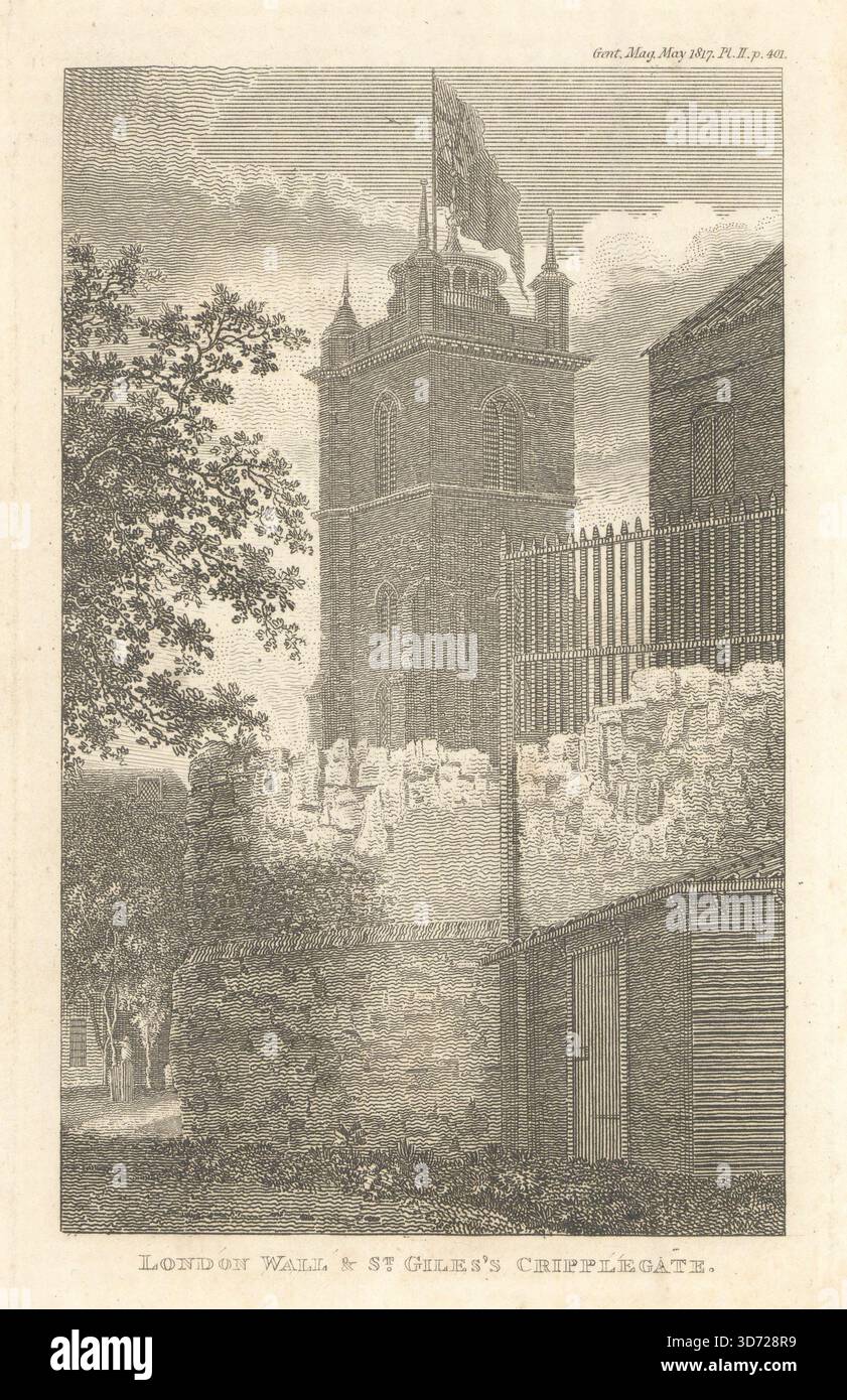 Old London Wall, and the Tower of St. Giles's Church, Cripplegate 1817 ...