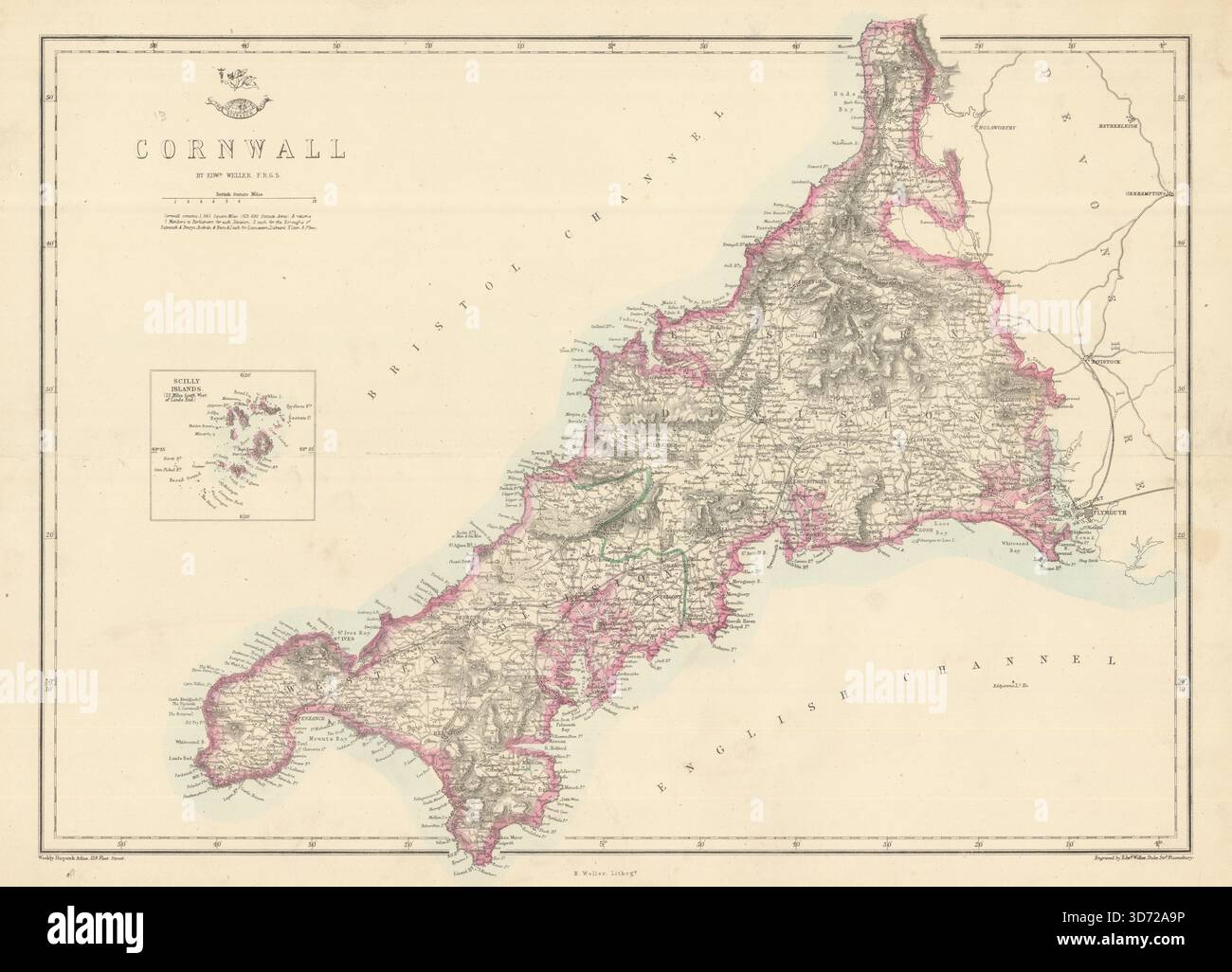 CORNWALL. Antique county map. Railways. Bodmin Moor. WELLER 1863 old ...