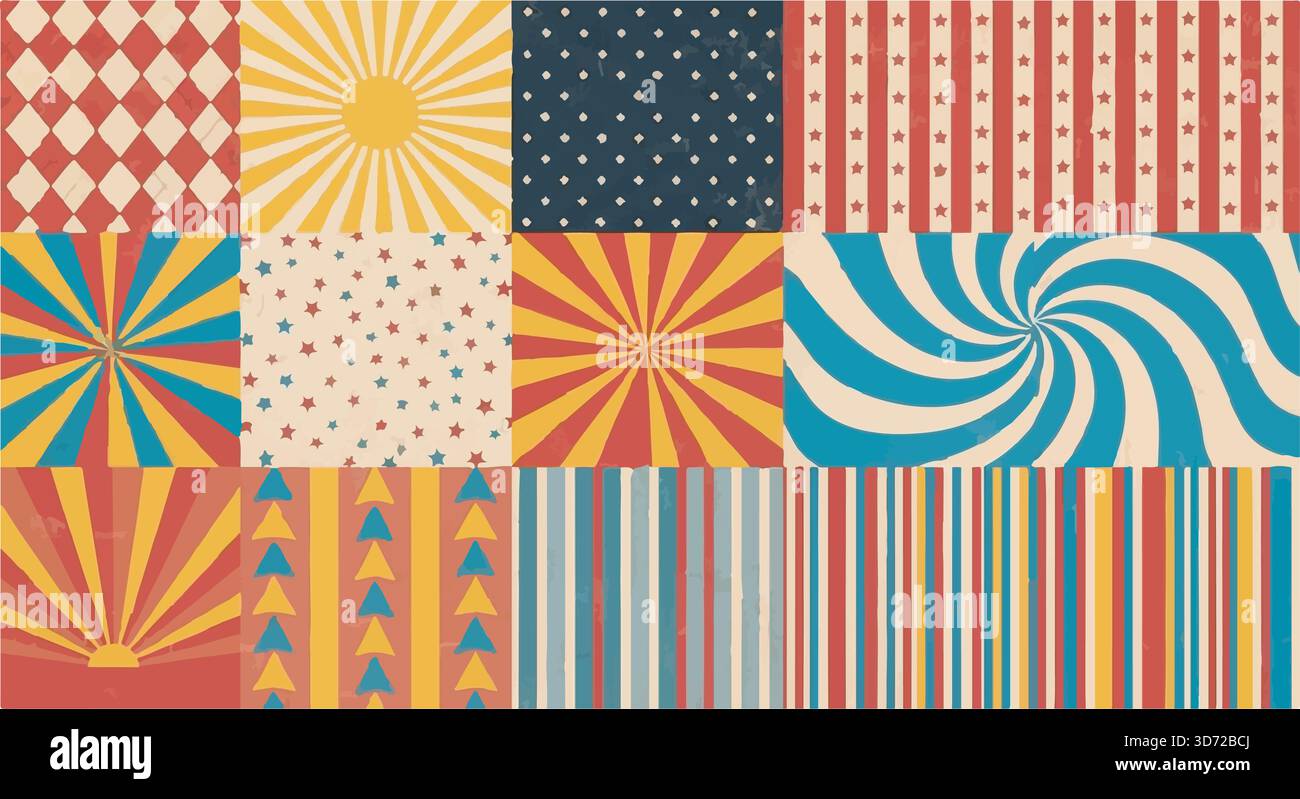 Retro circus pattern set. Vintage style background with stars, stripes ...