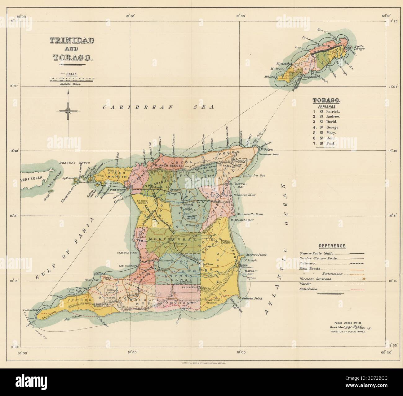 Trinidad & Tobago showing parishes, wards & steamer routes. Waterlow ...