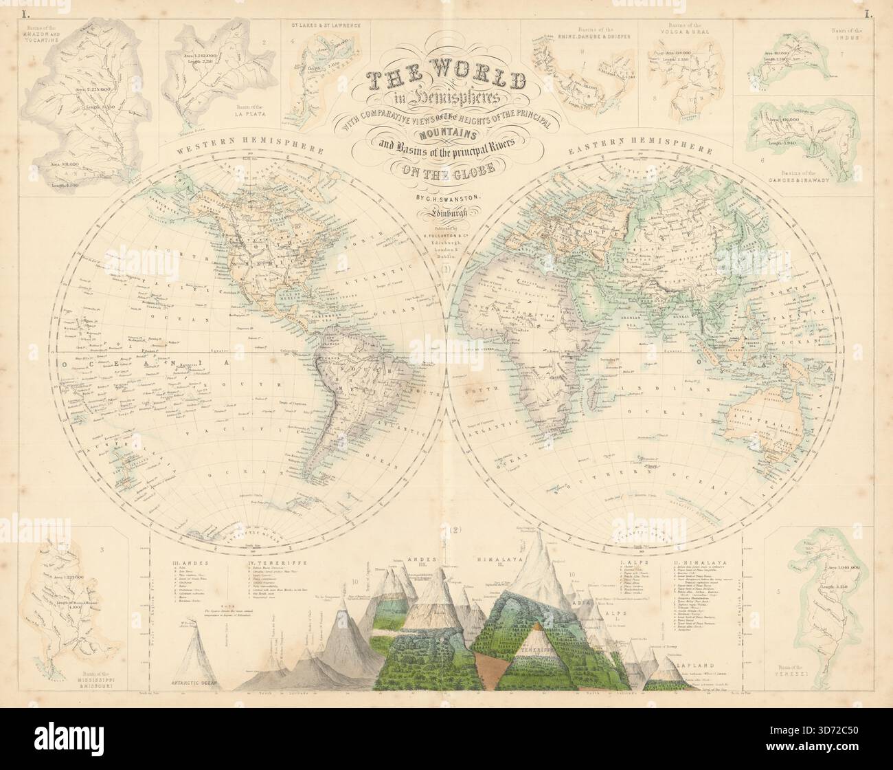 World in hemispheres. Mountains & river basins / watersheds. FULLARTON ...