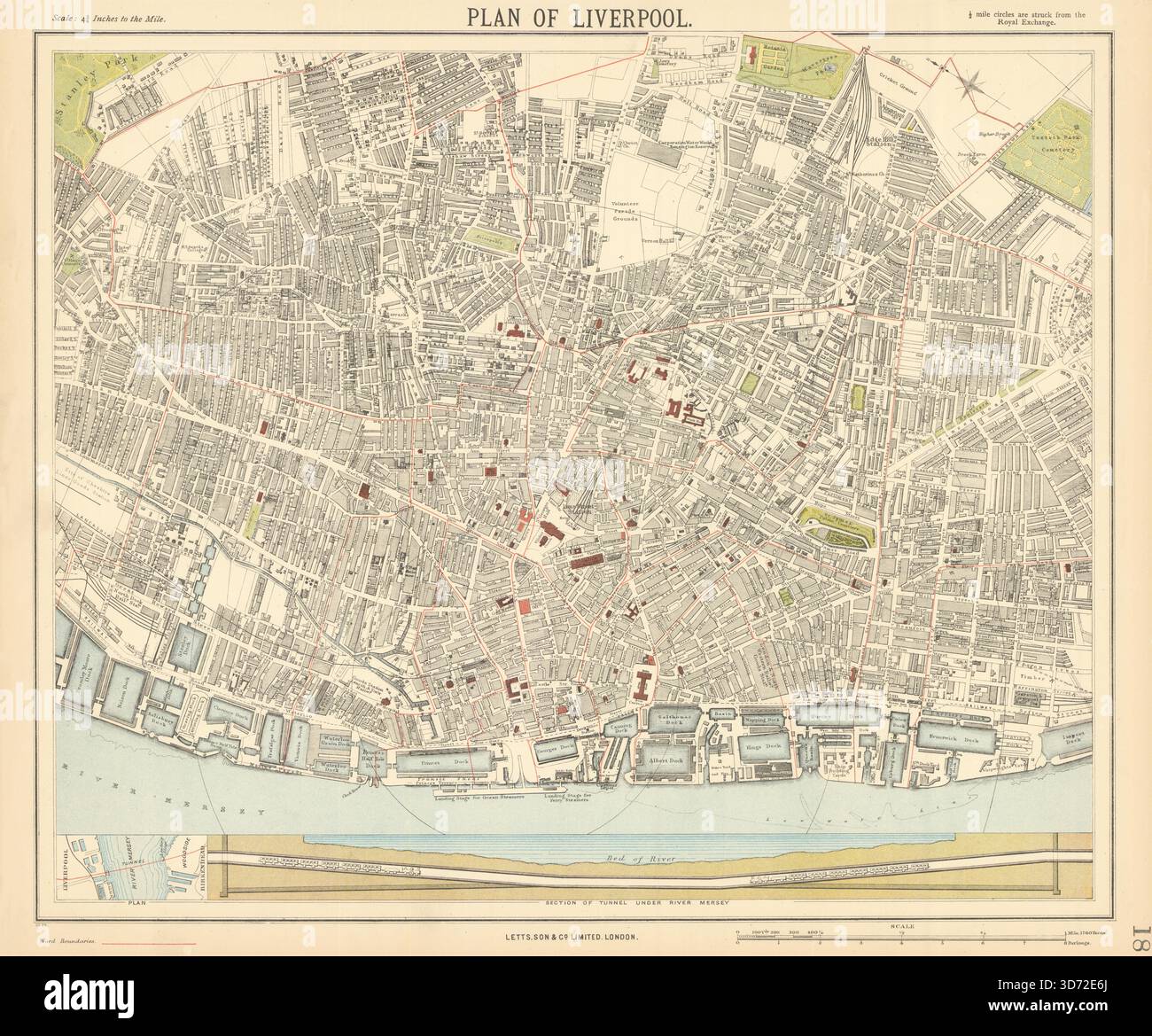 LIVERPOOL town city map. Mersey Tunnel section. Ward boundaries.LETTS ...