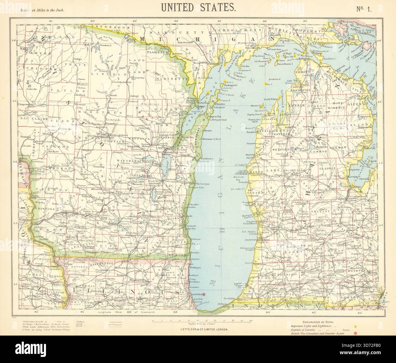 LAKE MICHIGAN. Wisconsin Michigan Chicago. Railroads Lighthouses. LETTS ...