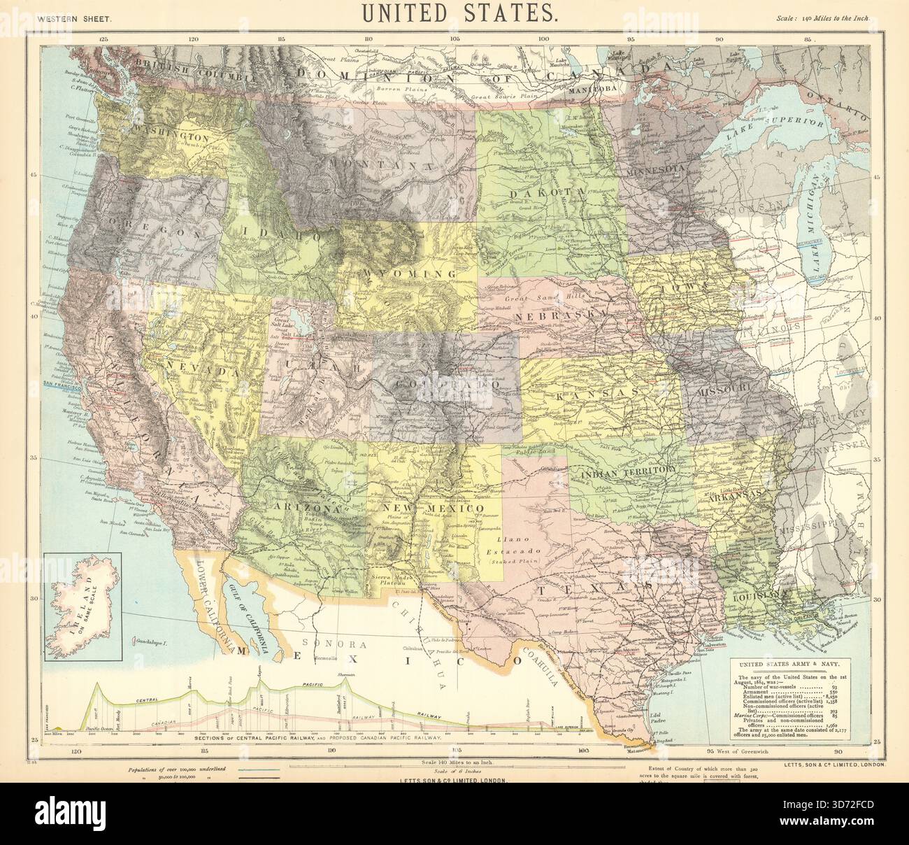 WESTERN USA. Central & Canadian Pacific Railroad section. LETTS 1892 ...